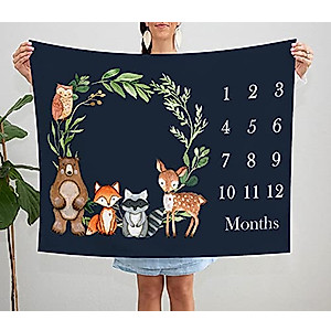 Popfavors Yuzioey Woodland Baby Monthly Milestone, Woodland Greenery Baby Growth Chart Monthly Blanket, Watch Me Grow Baby Forest Nursery Gift for New Moms Baby Shower, Includes Marker (Black, 50x40)