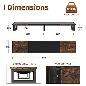 YAOHUOO 47" Large TV Riser for 32-60 inch TV, TV Riser Stand Shelf with Steel Legs,Tabletop TV Stand Riser for Home Office,Rustic Brown
