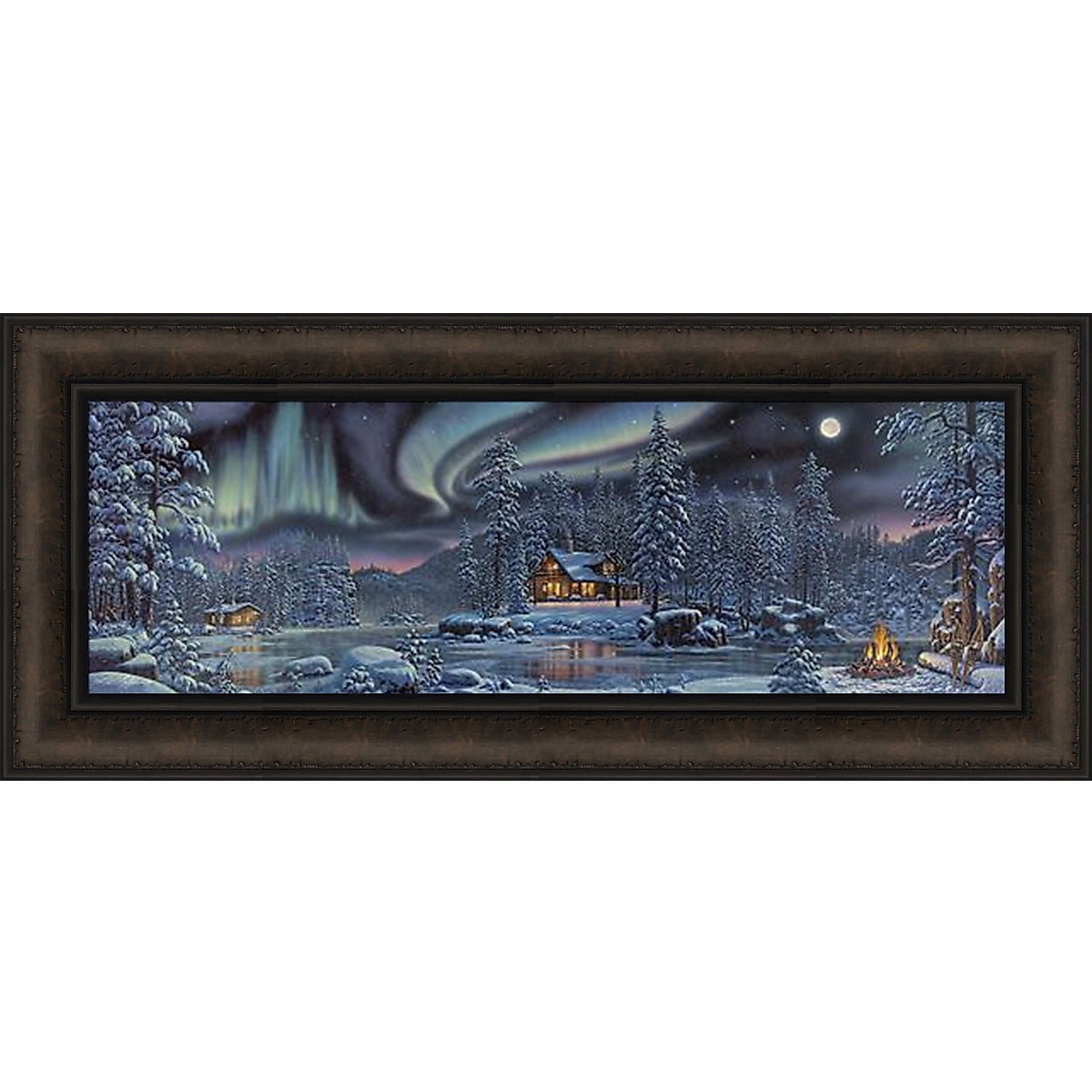 Rivers of Light Trilogy II by Kim Norlien 12x28 Aurora Borealis Winter Log Cabin Snow Moon Lake Campfire Framed Art Print Picture