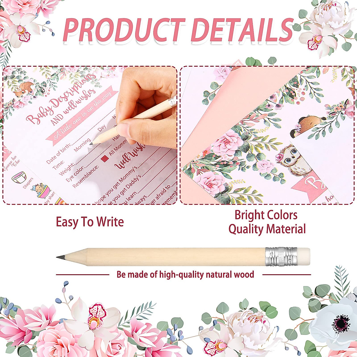 145 Pieces Woodland Baby Shower Game Floral Forest Animals 5 Games Set Funny Baby Shower Games Activities with 20 Pencils for Girls Boys Include Baby Descriptions and Wishes, Guess Who, Bingo Game