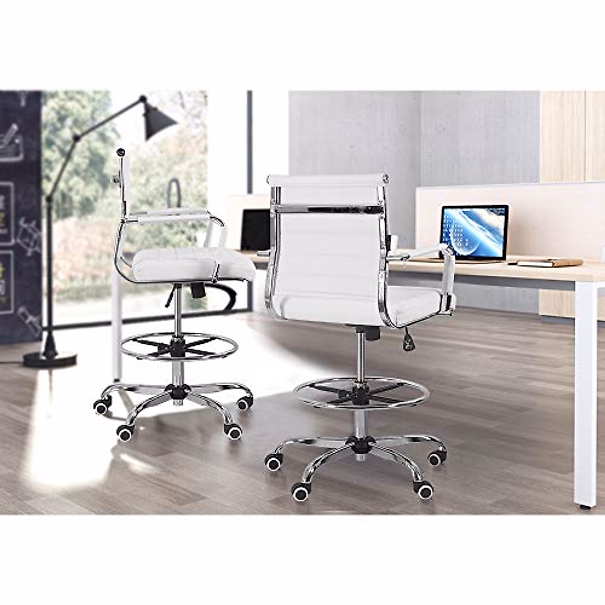 LUCKWIND Drafting Chair Tall Office Chair Ribbed - Mid-Back PU Leather Standing Desk Stool with Adjustable Foot Ring Padded Armrests Tilt-Tension Rocker Lumbar Support Swivel Rolling 400lbs, White