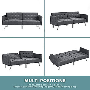 75"Convertible Folding Futon Sofa Bed,Split Back Design,Modern Fabric Sleeper Couch Bed with Armrest and Chrome Legs,Upholstered Recliner Loveseat for Living Room Apartment Dorms Office (Dark Grey)