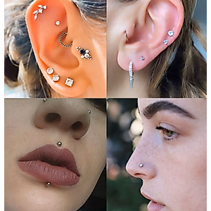 LOAYHOAY 16PCS 16-18G Stainless Steel Threadless Push in Nose Stud Ring for Women Men Lip Ring CZ Flower Heart Cartilage Helix Earring Piercing Set (18 Gauge 6mm)