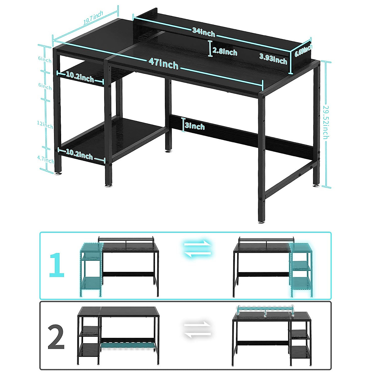 MINOSYS Computer Desk - 47” Gaming Desk, Home Office Desk with Storage, Small Desk with Monitor Stand, Storage Space-Savor, Modern Table, Black.