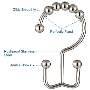 TOPROD Shower Curtain Hooks Rings, Double Sided Shower Curtain Hooks, Stainless Steel Shower Hooks Rust Proof for Bathroom Shower Curtain Rod Curtains, Free Gliding, Brushed Nickel, Set of 12