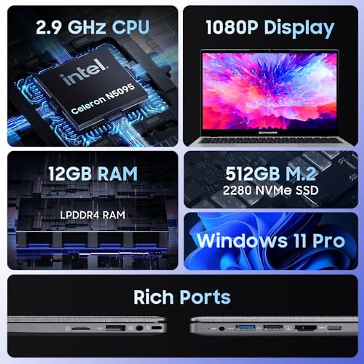 ZENAERO 15.6" Windows 11 Pro Laptop Computer 12GB RAM 512GB SSD, Intel Celeon N5095(4C4T, up to 2.9Ghz) IPS Display, HDMI, Dual and WiFi, BT4.2 Light and Thin Notebook PC for Work, School Student