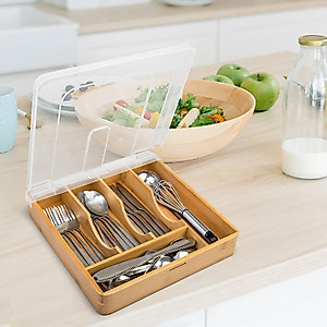 QINOL Silverware Tray with Lid, Utensil Drawer Organizer for Kitchen Countertop, Wooden Flatware Organizers and Storage Holder, Bamboo
