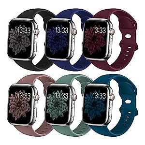 (6 Pack) Sport Band Compatible with Apple Watch Bands 38mm 40mm 41mm 42mm 44mm 45mm 49mm, Soft Silicone Replacement iwatch Strap Bands Compatible for Apple Watch Ultra SE Series 8 7 6 5 4 3 2 1 Men Women (38mm/40mm/41mm S/M, Black/Midnight Blue/Wine Red/S