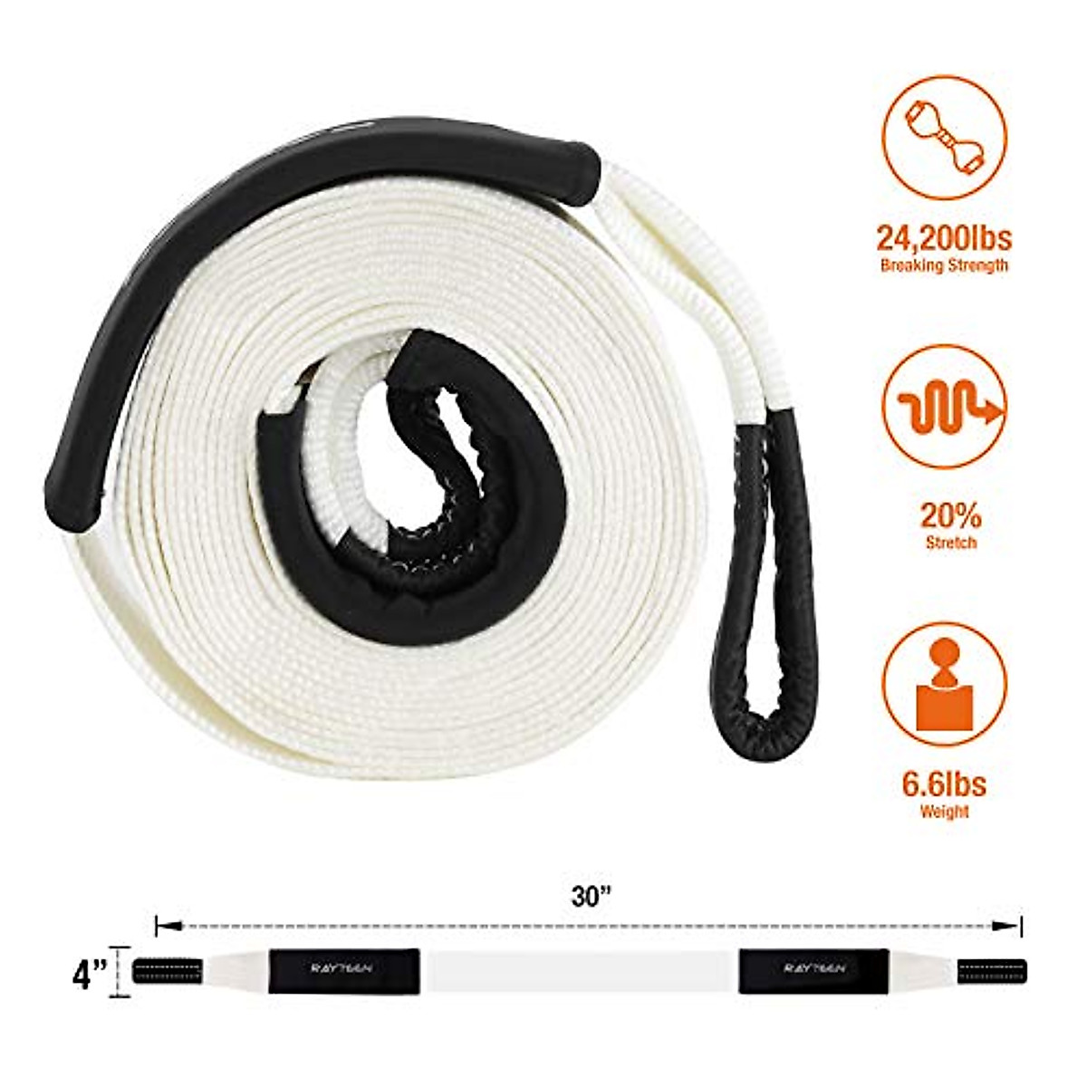 RAYTEEN Nylon Kinetic Snatch Strap(4in x 30ft) Genuine 24,200lb Pulling Force (Lab Tested 30,000lb) and 20% Elongation with Reinforced Loops and Protection Sleeves, White-Environment Friendly Color
