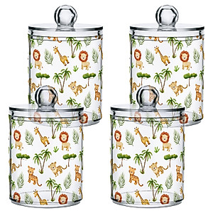 Msyxl 4 Pack Safari Animals Apothecary Jars with Lid, Qtip Holder Storage Containers for Cotton Ball, Swabs, Pads, Clear Plastic Canisters for Bathroom Vanity Organization (10 Oz)