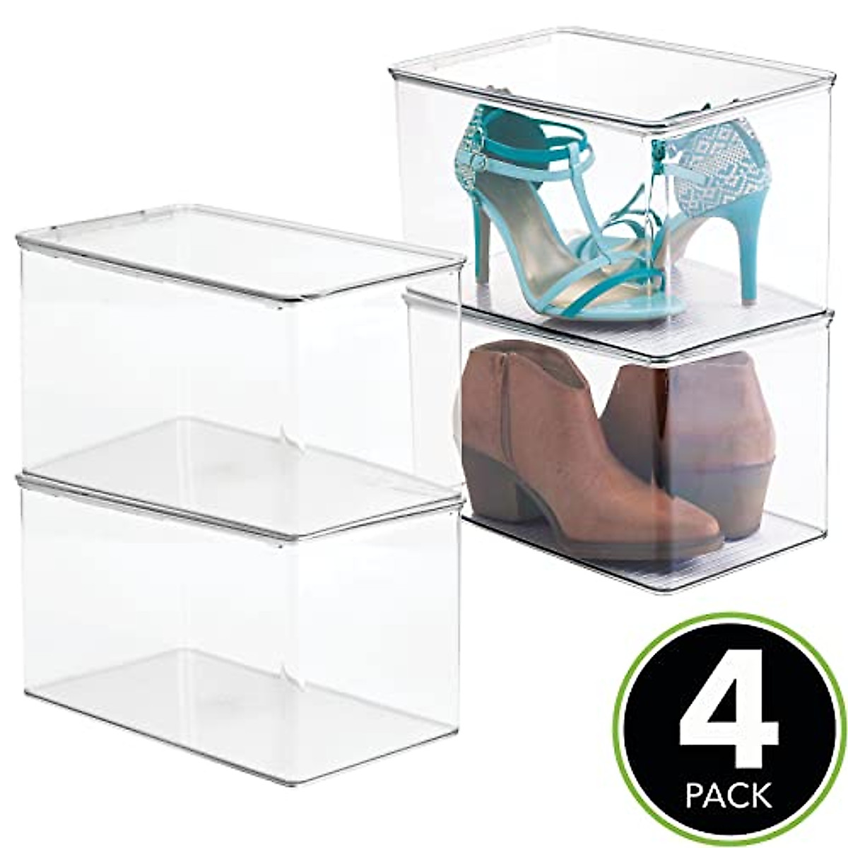 mDesign Stackable Plastic Closet Storage Container Bin Box with Hinge Lid for Organizing Shoes, Booties, Pumps, Sandals, Wedges, Flats, Heels - Lumiere Collection - 4 Pack - Clear