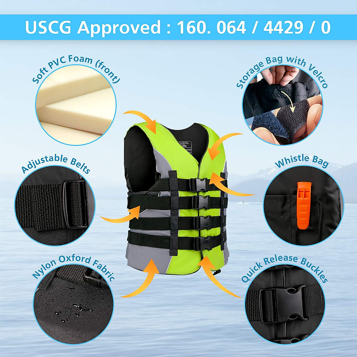 XGEAR Adult USCG Life Jacket Vest Water Sports (Lime, M)