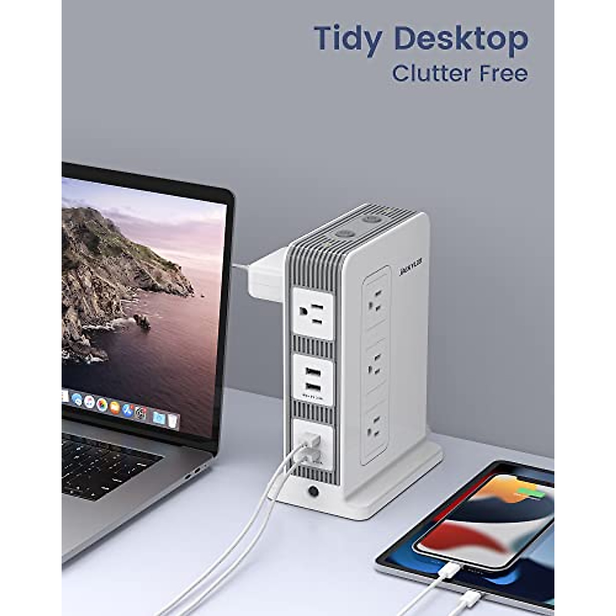 Power Strip Surge Protector Tower - JACKYLED 10 Outlet 4 USB Vertical Charging Station, 1875W 15A, 1080J with 6ft Heavy Duty Extension Cord for Multiple Devices, Home Office Dorm RV