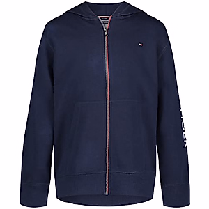 Tommy Hilfiger Boys' Long Sleeve Fleece Full Zip Hoodie, Navy Blazer Signature Stripe, 6
