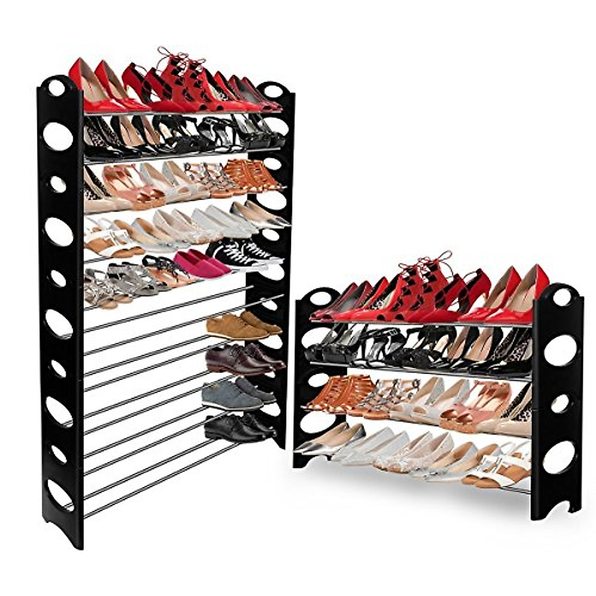 Crazyworld 10 Tier Stainless Steel Shoe Rack / Ribbon Storage Stackable Shelves, Holds 50 Pairs Of Shoes,60.6" x 38.2" x 7.5" ,Black & Silver