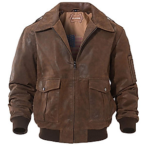 FLAVOR Men's Leather Flight Bomber Jacket Air Force Aviator. (XX-Large, Brown)