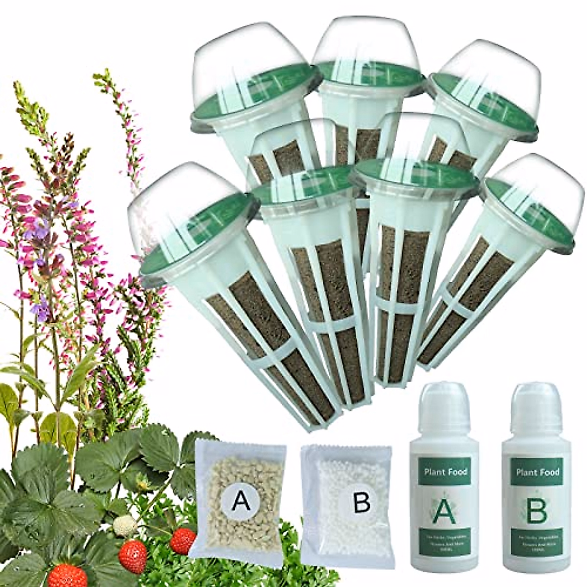 Seed Pods for Hydroponics Growing System - (No Seeds), Hydroponics Supplies with 24 Grow Sponges, 12 Planting pods,2 Set a&b Hydroponic Nutrient Plant Food,28 Stickers,12 Seeding Cover, Total 76 Pcs