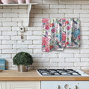 Pink Blue Floral Hand Towels Hummingbird Wild Floral Kitchen Dish Towel Set of 2 Spring Summer Decor Towel Set for Bathroom, Hotel, Gym and Spa