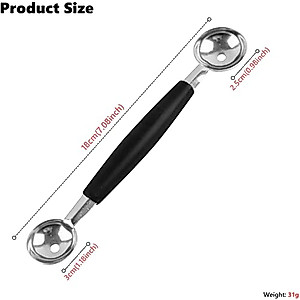 Double-Sided Fruit Melon Baller Spoon, 2 in 1 Stainless Steel Melon Ballers Melon Scoop for Watermelon Cantaloupe Ice Cream,18cm, Black/Silver