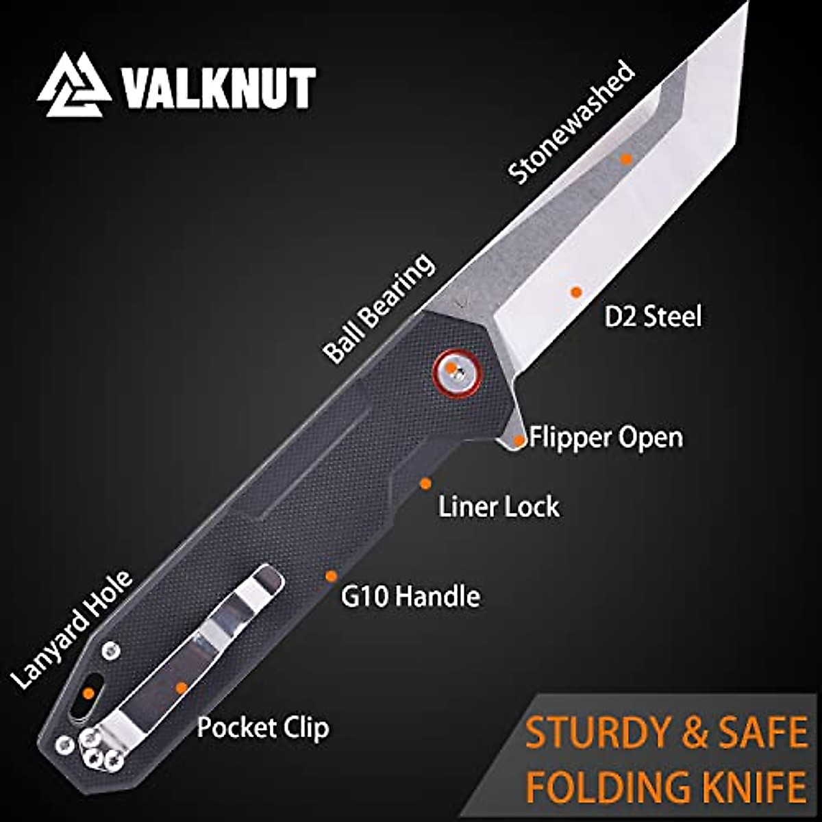 VALKNUT Tanto Knife D2 Blade EDC Folding Pocket Knives with Clip, Flipper Opening Knife with Black G10 Handle, 3.5'' Blade Length