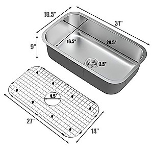 Giantex Single Bowl Kitchen Sink 16 Gauge Stainless Steel Undermount Wash Sink with Metal Tray 9” Deep (31''Lx18.5''Wx9''H)