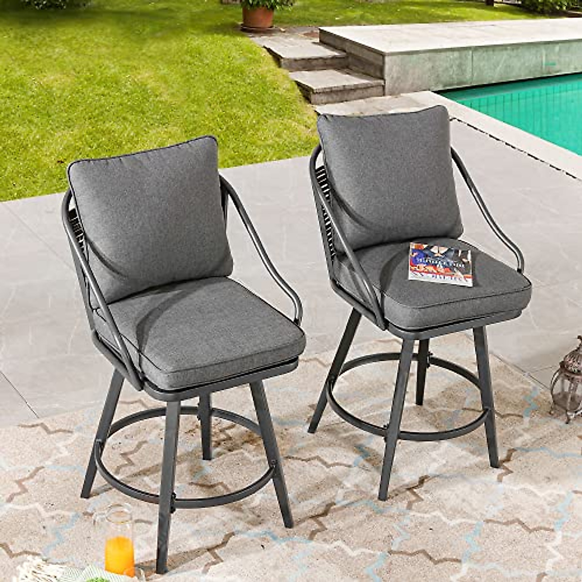 PatioFestival Outdoor Swivel Bar Stools Set of 2,Bar Height Patio Chairs Cushioned Metal All Weather Garden Furniture for Deck Porch Backyard