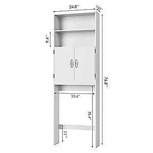 HOSTACK Over The Toilet Storage, Double Door Bathroom Organizer Toilet Cabinet, Freestanding Above Toilet Rack with Open Shelves and Adjustable Bottom Bar, 76.8 in H, White