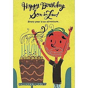 Designer Greetings Every Year is an Adventure: Man with Raised Arms Funny/Humorous Birthday Card for Son-in-Law with Interactive Sliding Image