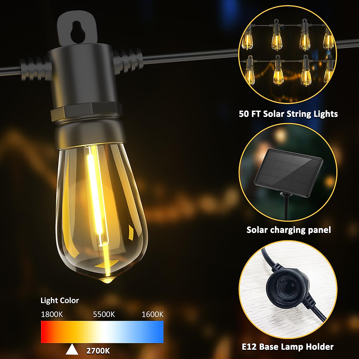 LONIUTO Outdoor Solar String Lights, 50 FT Solar Powered LED String Outdoor Lights Waterproof & Shatterproof, Patio Solar Hanging Lights with 15 Bulbs, Decorative Lights for Outdoor Backyard