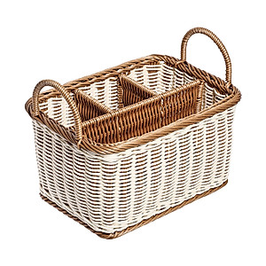 Hemoton Wicker Divided Storage Basket Silverware Caddy Woven Natural Basket, Storage Basket Organizer, Utensil Holder, Forks, Spoons, Knives, Napkins, Perfect for Desk Supplies, Pencil, Pens, Staples