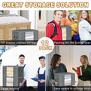 12 Pack Blanket Storage Bags with Zipper, Foldable Packing Bags for Moving Bags, Storage Bags for Clothes with Handles, Closet Organizers and Storage for Clothing, Sheet, Comforter, Bedding,60L, Grey