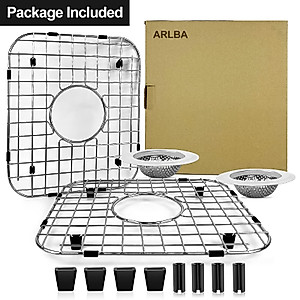 ARLBA 2 Pack 304 Stainless Steel Sink Protectors for Kitchen Sink W/Center Drain,13.62"x11.5"x1.25" Sink Grid Protection,Sink Grate Sink Rack for Bottom of Sink w/ 2Pack Sink Strainers