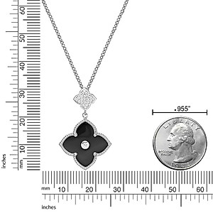 Black Onyx and Cubic Zirconia Double Flower Pendant Necklace for Women in 925 Sterling Silver 16 to 18 Inches Adjustable Spring Ring by Lavari Jewelers