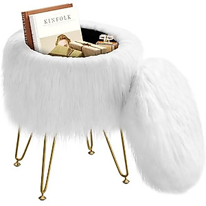 GREENSTELL Vanity Stool Chair with Storage, 13.5" W x 18" H Round Faux Fur Ottoman with 4 Metal Legs, Furry Padded Seat, Modern Multifunctional Makeup Stool for Bedroom Living Room White
