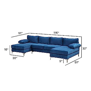 Casa Andrea Milano Modern Large Velvet Fabric U-Shape Sectional Sofa, Double Extra Wide Chaise Lounge Couch