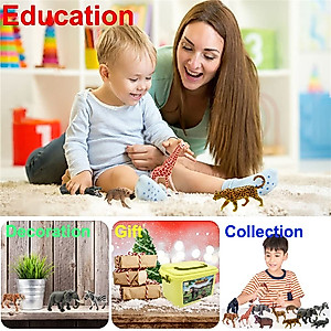 65PCS Safari Animal Figurines Toy Set, Realistic Jungle Zoo Figures with Elephant, Lion, Giraffe, Fence, Building Blocks for Kids Ages 3-8