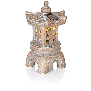 Red Co. 11” Solar-Powered LED Square Pagoda Lantern Asian Décor Zen Garden Statue, Distressed Gold