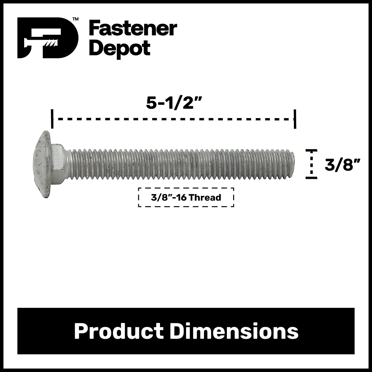 3/8"-16 x 5-1/2" Hot Dipped Galvanized Carriage Bolt w/Nuts & Flat Washers, Grade A, Full Thread, Quantity 50 - by Fastener Depot, LLC