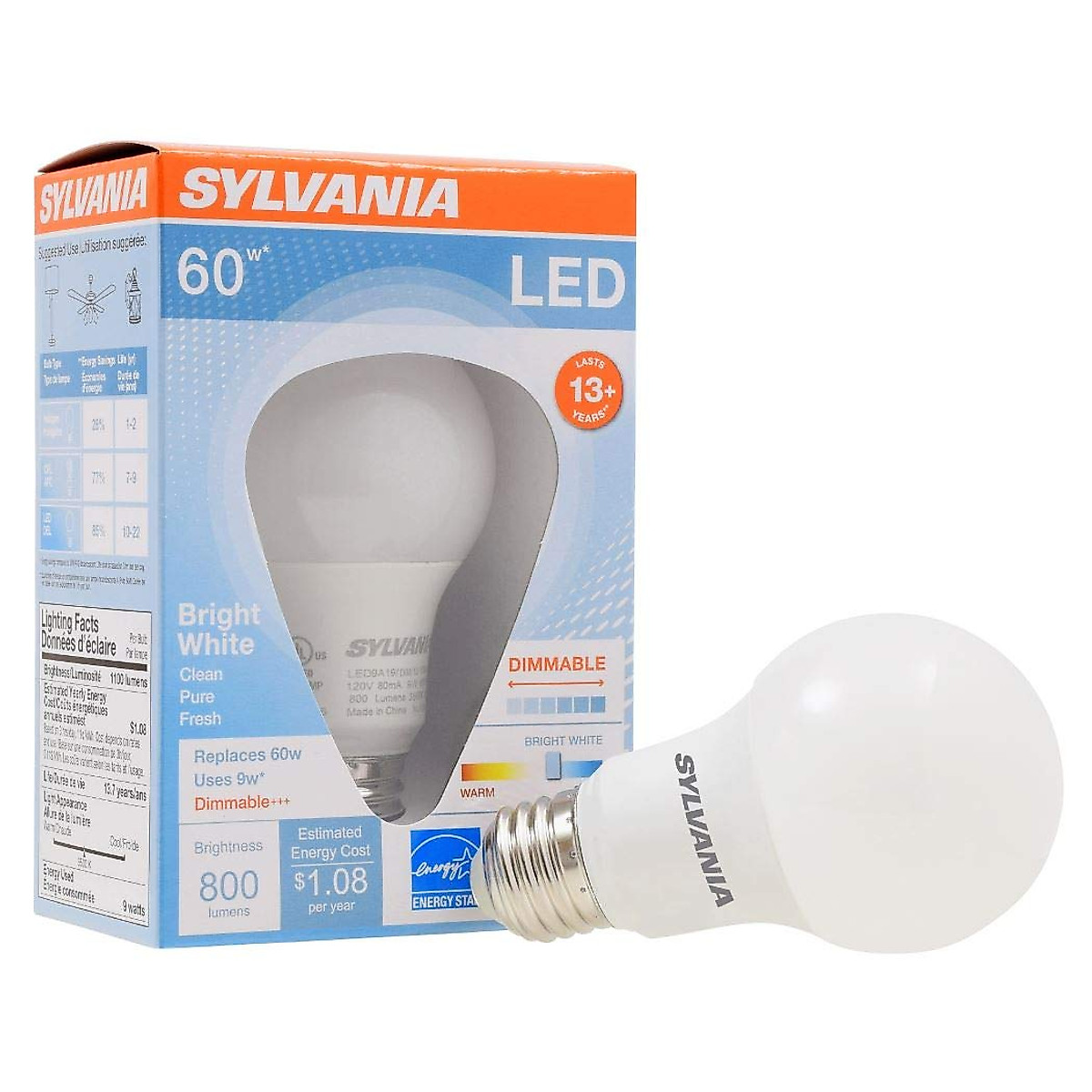 SYLVANIA A19 LED Light Bulb, 9W, 60W Equivalent, 13 Year, Dimmable, 800 Lumens, 3500K, Bright White - 1 Pack (71185)