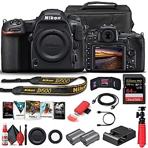 Nikon D500 DSLR Camera (Body Only) (1559) + 64GB Memory Card + Case + Corel Photo Software + EN-EL 15 Battery + Card Reader + HDMI Cable + Deluxe Cleaning Set + Flex Tripod + Memory Wallet (Renewed)