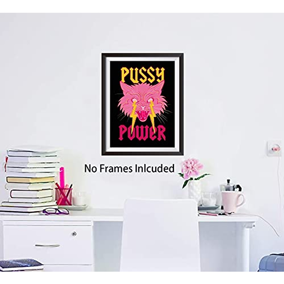 Pink Aesthetic Poster Preppy Room Decor, Cat Canvas Wall Art, Female Power Art Painting, Lightning Art Print for Teen Girls Bedroom College Dorm Room Decor, Girls Trend Wall Decor--12” x 16” Unframed