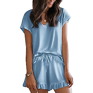 Ekouaer Silk Pajamas Set for Women Satin Short Sleeve Sleepwear V Neck Sleep Set 2 Piece Pj Set Light Blue Large