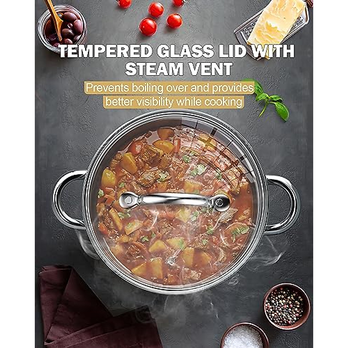 Cook N Home Sauce Pot Stainless Steel Stockpot with Glass Lid, Basic Saucier Casserole Pan Set, 6-Piece