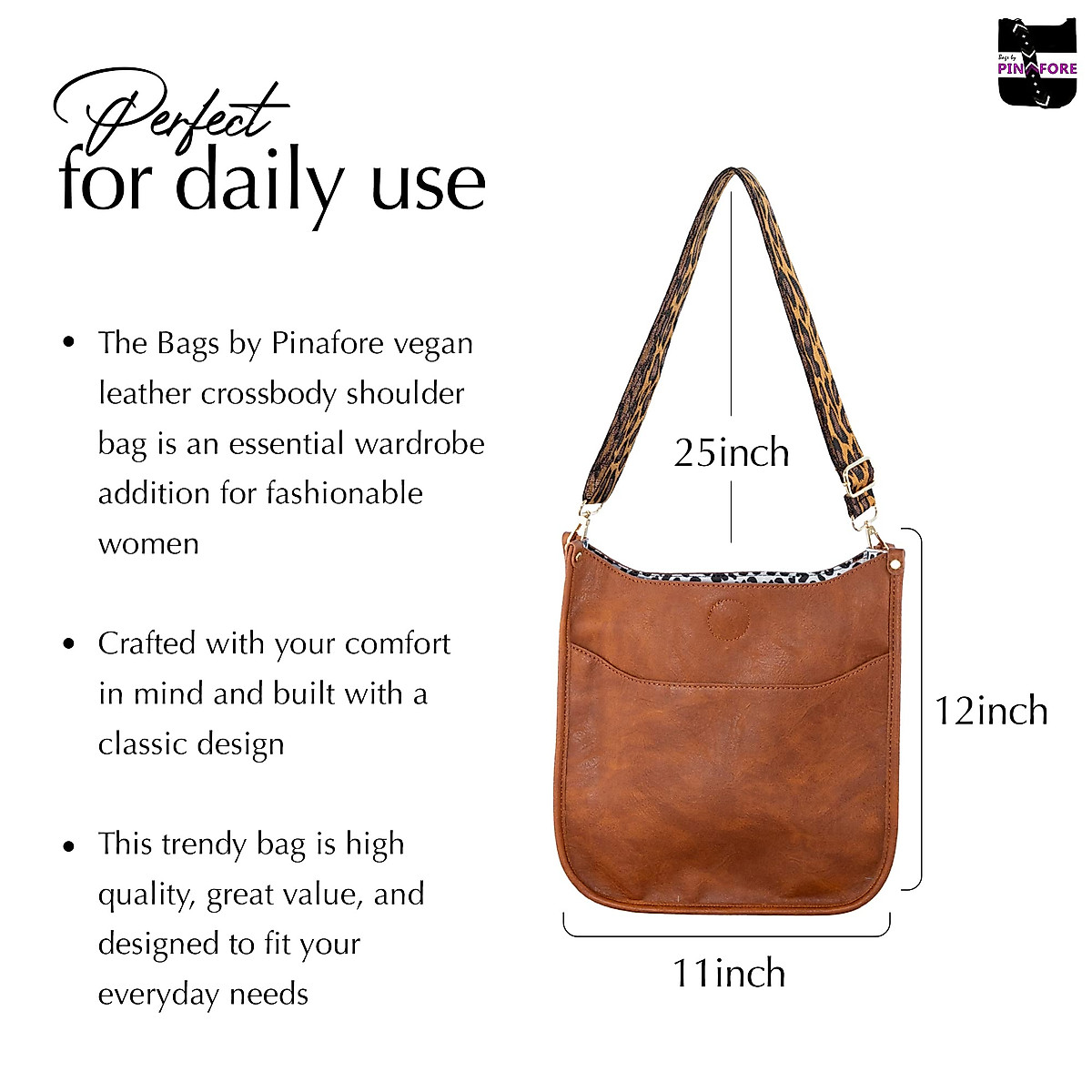 Pinafore Signature Vegan Leather Crossbody Fashion Shoulder Bag with Adjustable Strap (Signature Tan)