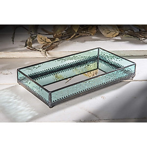 Turquoise Blue Glass Tray Mirrored Bottom Decorative Bathroom Vanity Cosmetic Makeup Organizer Jewelry Display Perfume Holder Dresser Home Décor Candle Tray Gift for Woman J Devlin Tra 126