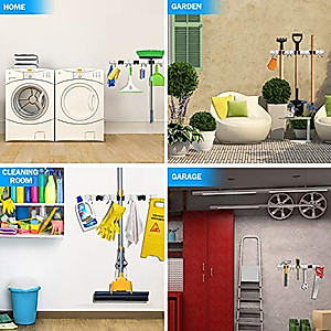 Poboola Mop Broom Holder, Stainless Steel Wall Mounted Garage Storage Organizer, Heavy Duty Tools Hanger with 3 Racks 8 Hooks for Home Kitchen Bathroom Closet Office Garden, 2 Pack (Silver)