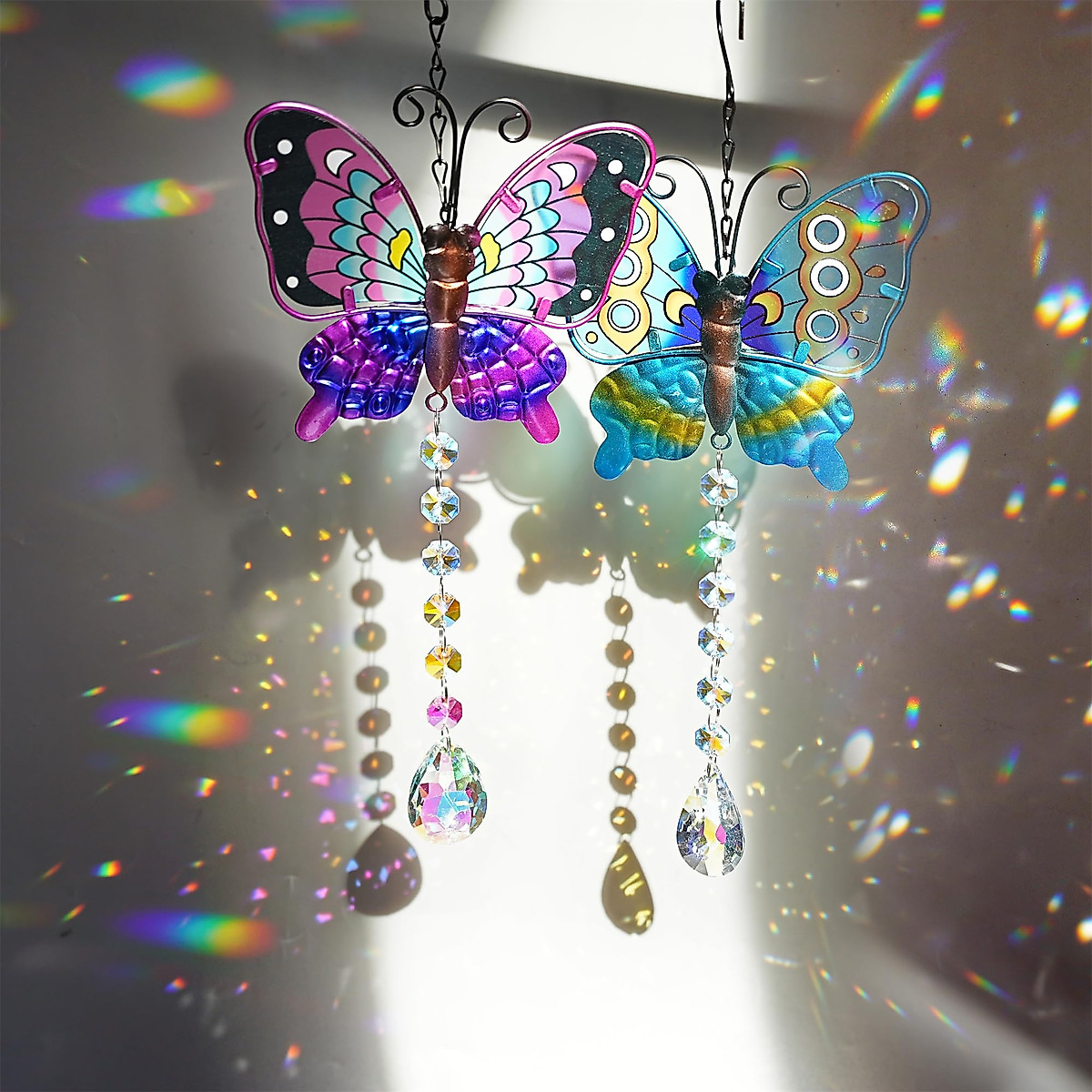 Set 2 Metal Butterfly Suncatchers for Windows - 14" Outdoor Fence Wall Art Decor, Rainbow Prisms Sun Catchers with Crystals Hanging for Home Garden Ornament