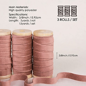 Vitalizart Rose Gold Velvet Ribbon Set 3/8"" x 15 Yd Wooden Spool Fabric Trim 3 Rolls * 5 Yd for Christmas Wreath Decoration Handmade Craft Ornaments Gift Wrapping & Bow Making