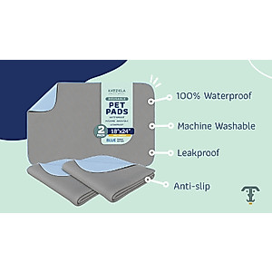 Katziela Washable Pet Pads (2 Pack 18in x 24in) Super Absorbent Waterproof Reusable Dog Pee Pads for Dogs Washable Puppy Pads for Potty Training Housebreaking Washable Pee Pads for Dogs Blue Stitching