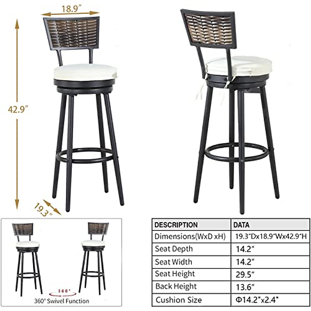 PatioFestival Patio Swivel Bar Stools Outdoor Bar Height Chairs Armless Rattan Back All-Weather Patio Furniture with Cushion,2 Pack